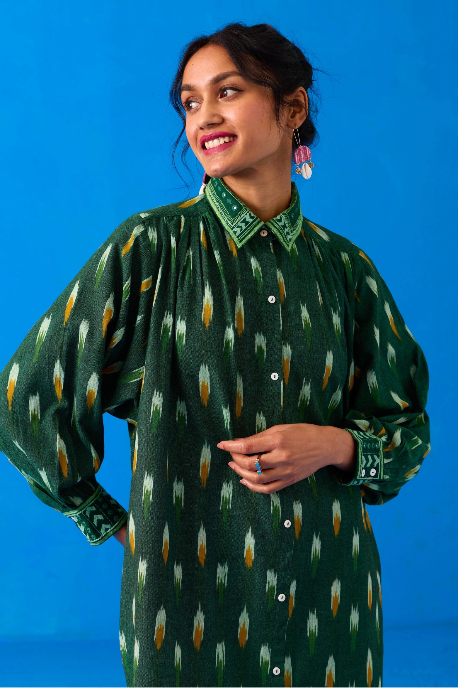 Okhai “Peacock Flare” Hand-Embroidered Ikkat Pure Cotton Shirt Dress ...