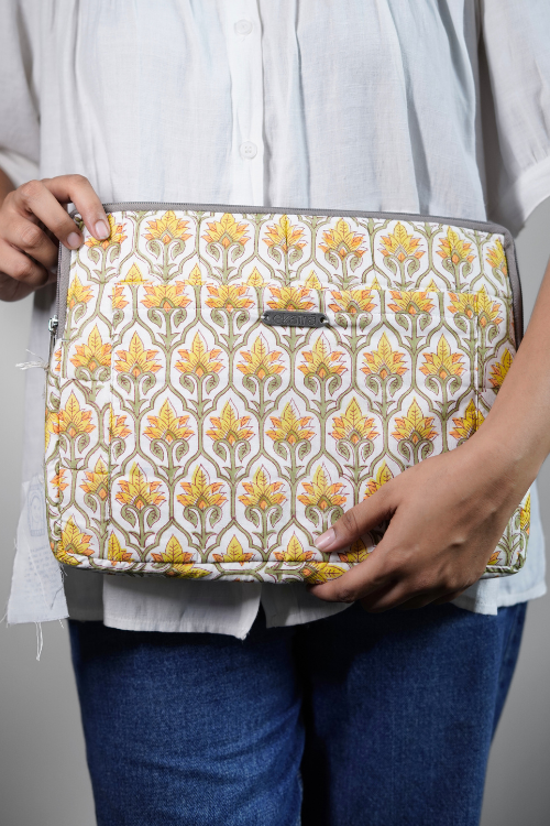 Ekatra Yellow Motif Sustainable Handmade Cotton Laptop Sleeve/Laptop C ...