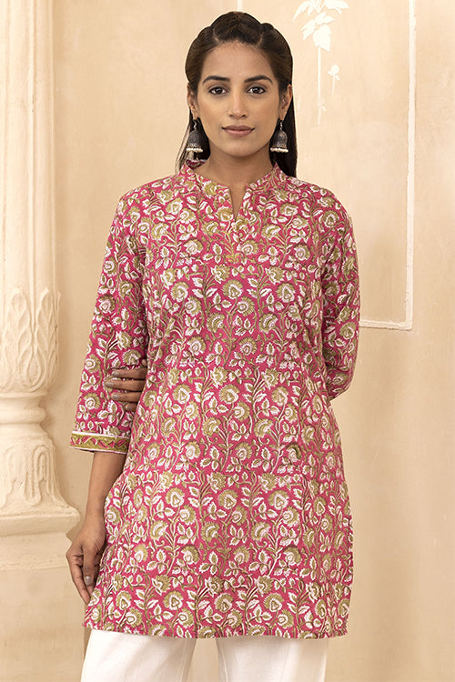 Shuddhi Raspberry Pink Handblock Printed Short Kurti – Okhaistore
