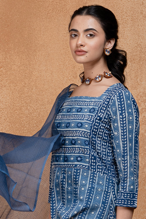 Okhai "Neelay" Hand-Embroidered Mirrorwork Handblock Printed Pure Cott ...