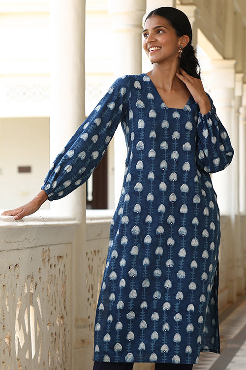 Okhai "Jharna" Hand-Embroidered Mirrorwork Pure Cotton Indigo Kurta ...
