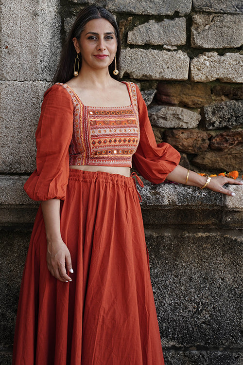 Okhai 'Rustic Gem' Rust Pure Cotton Free Size Skirt – Okhaistore