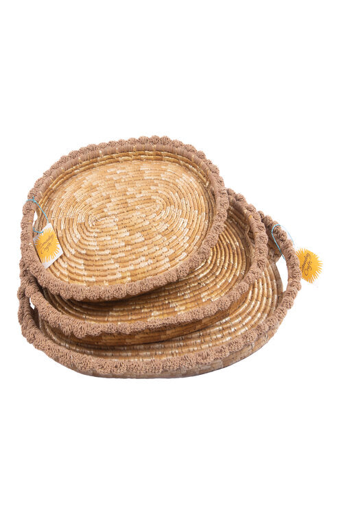 Samuday Craft Wheat Grass Oval Tray Set Of 3 With Crochia – Okhaistore